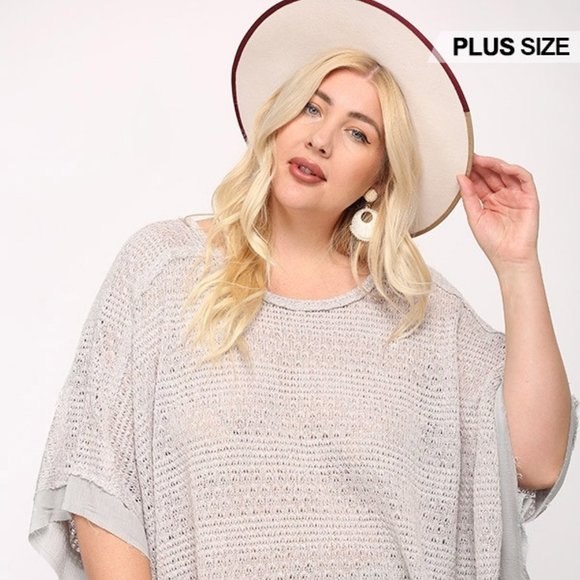 Tops | Womens Plus Size Light Grey Knit And Woven Mixed Top With Poncho ...